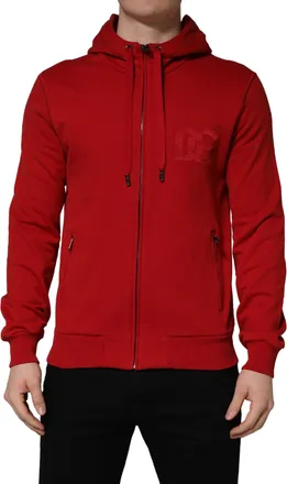 Dolce & Gabbana Mens Red Embroidered Logo Hooded Full Zip Sweater Cotton Clothing