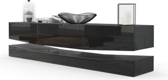 Vladon Lowboard City, Made in Germany, TV-Kommode mit Sockelelement, 1 offenem Fach und 3 Schubkästen, Schwarz Hochglanz/Schwarz Hochglanz (178 x variabel x 