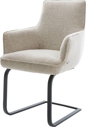 DELIFE Schwingstuhl Heira-Flex mit Armlehnen Freischwinger flach Schwarz Webstoff Soft Beige Taschenfederkern