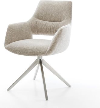 DELIFE Drehstuhl Yago-Flex mit Armlehnen Webstoff Soft Beige Kreuzgestell breit Edelstahl 360&deg; drehbar Wippfunktion Taschenfederkern, Esszimmerst&uuml;hle