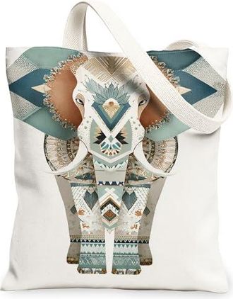 Generic Sacs fourre-tout en toile motif &eacute;l&eacute;phant boh&egrave;me, sacs d&eacute;picerie r&eacute;utilisables, l&eacute;gers et lavables en toile pour G, blanc, 13x15 Inch