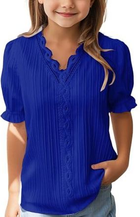 Generic Chemisier Chic Fille Manches Court - Haut Enfants Chic Et Elegant Tops Couleur Unie Chemise Col V Hauts avec Manches Shirt Respirant T-Shirt Soir&eacute;e Ch