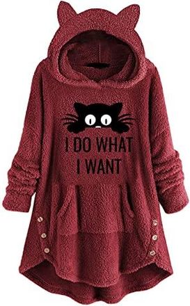 Generic 2026 Nouveaux sweats &agrave; capuche en polaire imprim&eacute;s pour femmes, pull &agrave; capuche avec oreilles, poches mignonnes avec manches boutonn&eacute;es, haut chat chem