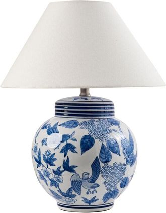 Beliani Beliani - Tischlampe Weiß und Blau Porzellansockel Leinenglockenschirm mit Blumenmuster Beleuchtung Stilvoll