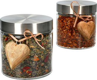 MamboCat 2er Set Bera Teedose mit Edelstahldeckel Silber mit Band & Holz-Herz I rund I 0.8L I Ø 11 cm I Vorratsglas für Gewürze & Tea I Aufbewahrung-Box für lo