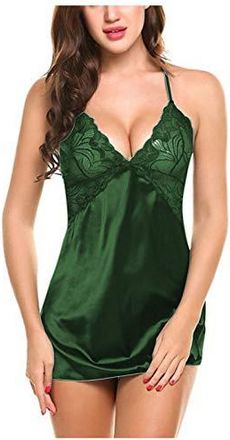 Generic Chemise de nuit sexy transparente pour femme - Col en V - Dentelle - Vêtement de nuit en satin - Nuisette - Nuisette - Chemise de nuit pour femme - Py