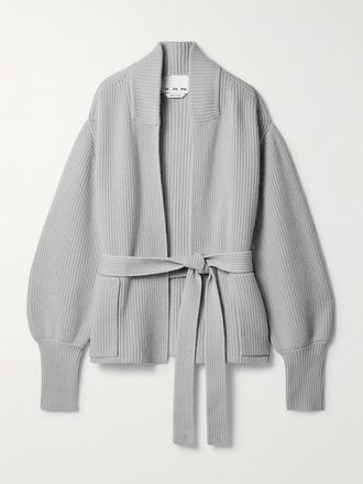 SA SU PHI Cardigan En Laine Mérinos Et Cachemire Mélangés Côtelés À Ceinture E.r. - Gris