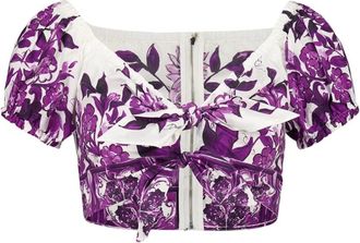 Dolce & Gabbana Femme, Blouses et Chemises, Violet, Taille: 36 FR Haut Popeline &Eacute;paules D&eacute;nud&eacute;es Imprim&eacute; Majolica