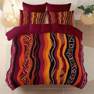 Generic Housse de Couette 220 x 240 cm, Microfibre Afrique Tribal Rayures Imprimé Bordeaux Housses de Couette avec Fermetures éclair, Parure de Linge de Lit p