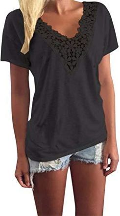 Onsoyours T-Shirts à Manches Courtes Femme Chic Hauts Manches Courtes À Lacets Col V Décontractée Imprimée Casual Couleur Unie Chemisière Tops Blouse C Noir 48