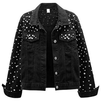Generic Veste en jean courte pour femme avec perles et strass - Manches longues - Tendance - D&eacute;contract&eacute;e - Mode, Noir, XXL
