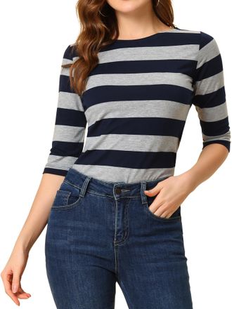 Allegra K Damen Gestreiftes Shirt U Boot Ausschnitt Halbarm Party Ferien Streifen Top Bluse Marinegrau M