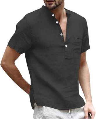 Generic Chemise d&eacute;t&eacute; boutonn&eacute;e en lin pour homme - Chemise d&eacute;t&eacute; en coton et lin - Chemise de plage l&eacute;g&egrave;re - &Eacute;l&eacute;gante chemise de vacances - Chemise &agrave; manches l
