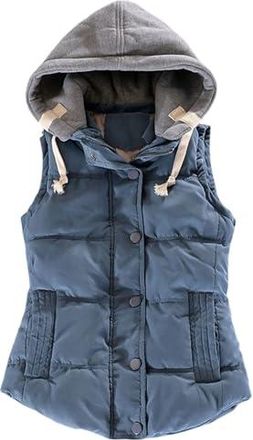Generic Gilet &agrave; capuche sans manches pour femme - Veste dhiver courte &agrave; capuche avec cordon de serrage et bouton de fermeture &eacute;clair, Gris/bleu, XXL