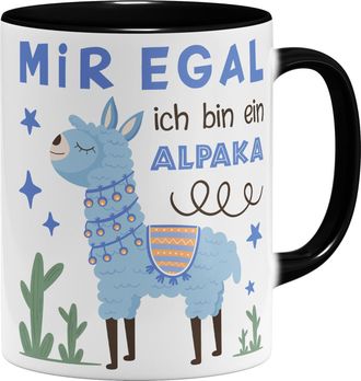 OM3 Mir egal ich bin ein Alpaka Kaffee-Tasse mit Spruch - Spruchtasse Lama-Motiv - Statement - Keramik Becher - 325ml - Beidseitig Bedruckt - Schwarz