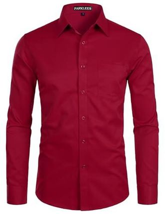 PARKLEES Chemise habill&eacute;e &agrave; manches longues pour homme, coupe ajust&eacute;e, style d&eacute;contract&eacute;, business ou formel, &agrave; boutons avec poche, rouge bordeaux, XXL