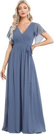 Ever-pretty Robe pour Mariage Invité Longue Femme Col V Mousseline A Line Manches Courtes Plissé Chic Bleu Brume 50