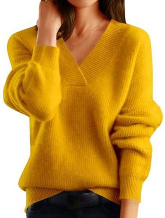 TOMWELL Pull Femme Chic Hiver Élégant Tricoté Col en V Pullover Sweater à Manches Longues Chandails Tricot Haut Casual Couleur Unie en Tricot Pulls A Jaune M