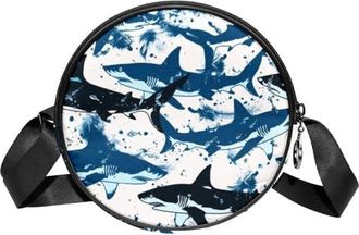 Generic Petit sac &agrave; bandouli&egrave;re rond rond pour femme, motif requins, avec fermeture &eacute;clair, bretelles r&eacute;glables, style d&eacute;contract&eacute;