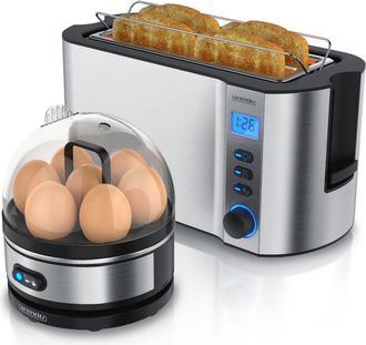 Arendo Fr&uuml;hst&uuml;cksset 2-teilig, Eierkocher sevencook, 4-Scheiben Langschlitztoaster, Silber - Arendo