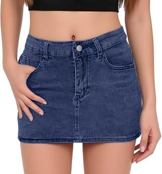 Generic Mini jupe moulante en jean pour femme - Taille haute - D&eacute;lav&eacute; - Extensible - D&eacute;lav&eacute; - Avec poches - Robe ample pour la plage, les vacances, les vacanc