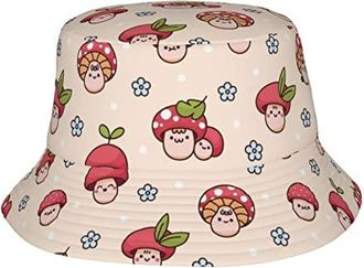 Generic Anti-UV Seau Chapeau Motif Mignon de Fraise et de Champignon Chapeaux de Visière Imprimé Été Bouchon De Seau pour Voyage Camping pêche