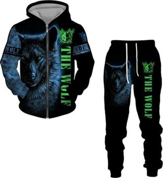 Generic Surv&ecirc;tement pour homme avec motif loup 3D - Veste et pantalon de sport - Ensemble athl&eacute;tique d&eacute;contract&eacute; et chaud pour jogging, 013, L