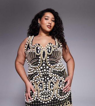 Asos Curve - Robe courte &agrave; ornements &agrave; encolure carr&eacute;e - Noir-Multicolore