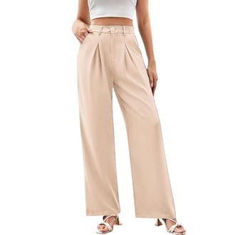 Generic Pantalon large pour femme - Taille haute &eacute;lastique - Pantalon de travail ample pliss&eacute; - Avec poches - Pantalon large pour femme, beige, M