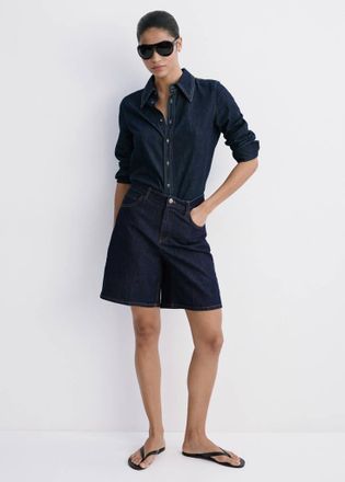 Mango Gerade Denim-Bermudasshorts mit hohem Bund blau - Damen - 32 - MANGO