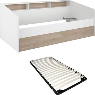 Vente-Unique Bett 90 x 190/200 cm mit Stauraum + Lattenrost - Wei&szlig; & Holzfarben - Paulette