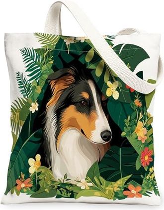 Generic Sac fourre-tout en toile pour le shopping, 33 x 38,1 cm, sac d&eacute;picerie r&eacute;utilisable avec motif imprim&eacute; de plantes, fleurs, chiot, pour femme, joli mot