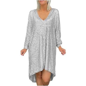 Generic Robe &agrave; paillettes pour femme, robe midi trap&egrave;ze &agrave; manches longues, &eacute;l&eacute;gante, robe formelle ample et ample avec col en V, robe de club, robe de soir&eacute;e 