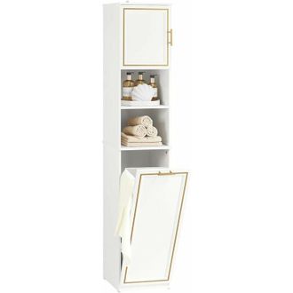 SoBuy Sobuy - BZR87-W Hochschrank mit ausklappbarem Wäschesack Badezimmer Schrank Badschrank schmal Wäscheschrank Badregal Badezimmermöbel Weiß bht ca