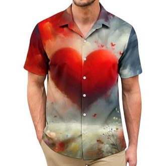 Generic Chemise de Saint-Valentin pour homme, imprim&eacute; coeur, chemise d&eacute;contract&eacute;e boutonn&eacute;e &agrave; manches courtes | pour les vacances de rendez-vous, Beau coeur a