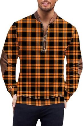 Generic Pull à carreaux avec fermeture éclair 1/4 pour homme - Coudières - Couleurs contrastées - Hauts à manches longues, Z02-Orange, 3XL
