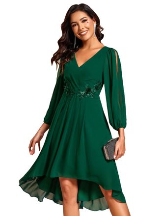 Ever-pretty Abendkleider Damen Elegant Langarm Kurz Vorne Und Hinten aus Chiffon mit Langen Applikationen Dunkelgr&uuml;n 58