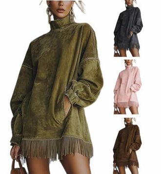 Generic Mini robe en velours à pampilles pour femme - Col haut - En daim - Vintage - Ample - Manches longues - Avec, Vert, 3XL