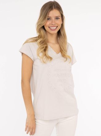 Zwillingsherz Kurzarmshirt ZWILLINGSHERZ Positive Mind, Damen, Gr. L/XL, beige, Web, Obermaterial: 95% Baumwolle, 5% Elasthan, bedruckt, unifarben, oversize Po-bede