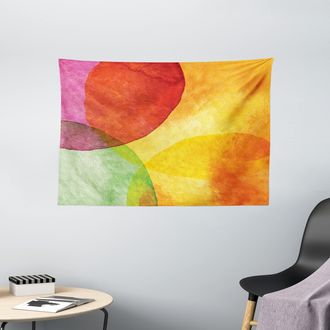 Abakuhaus Abstrakt Wandteppich, Aquarell Moderne Kunst, Wohnzimmer Schlafzimmer Heim Seidiges Satin Wandteppich, 150 x 100 cm, Lindgrün Orange Gelb