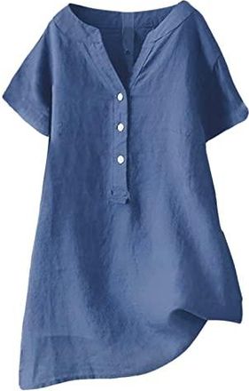 Generic Chemise en lin pour femme - Chemisier long en coton &agrave; manches courtes pour femme - T-shirt habill&eacute; d&eacute;contract&eacute; et l&eacute;ger - Col en V boutonn&eacute; - T-shirt 