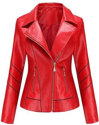 Generic Veste courte courte en similicuir pour femme avec fermeture &eacute;clair, Rouge, 3XL