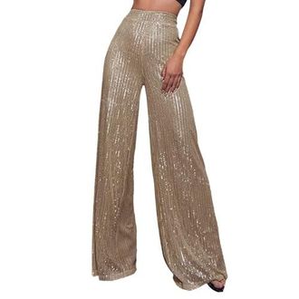 Generic Pantalon palazzo &agrave; paillettes taille haute et jambes larges pour femme, pour f&ecirc;te, discoth&egrave;que, f&ecirc;te, pantalon &eacute;vas&eacute;, beige, 3XL