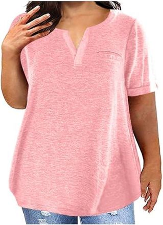 Generic T-shirt &agrave; manches courtes et col en V pour femme, coupe ample, confortable, doux, d&eacute;contract&eacute;, couleur unie, pour un usage quotidien, rose, 5XL
