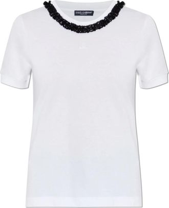 Dolce & Gabbana Femme, Tops, Blanc, Taille: 40 FR T-shirt en jersey avec dentelle et broderie DG