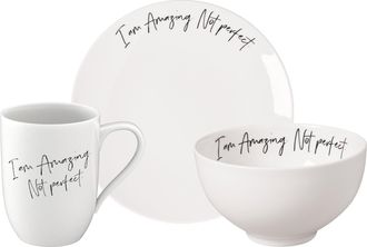 Villeroy & Boch Statement Frühstücks-Set 3-teilig | Amazing, not perfect | Geschirr-Set für 1 Person: Henkelbecher (290 ml), Frühstücksteller (21 cm) und Müslischale 