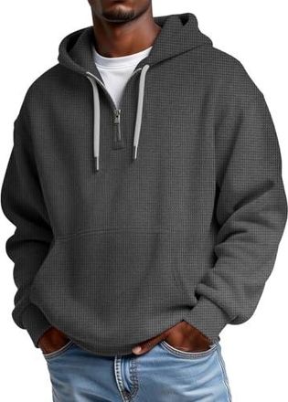 Generic Sweat &agrave; capuche &agrave; manches longues pour homme avec demi-fermeture &eacute;clair et bouton pour temps froid, gris fonc&eacute;, S