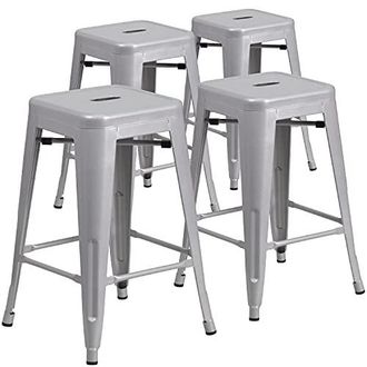 Flash Furniture 4 Stück in der Packung 60,96 cm hoher rückenfreier silberner Theke-Hocker mit quadratischem Sitz aus Metall für innen und außen