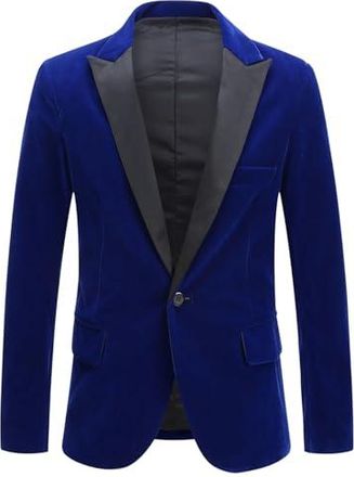 Generic Blazer en velours pour homme, coupe ajust&eacute;e, un bouton, veste de smoking en velours &agrave; revers crant&eacute; pour bal, d&icirc;ner, mariage, bleu, XL