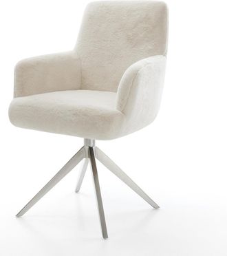 DELIFE Drehstuhl Heira-Flex mit Armlehnen Plüsch Creme-Weiß Kreuzgestell breit Edelstahl 360° drehbar Wippfunktion Taschenfederkern, Esszimmerstühle